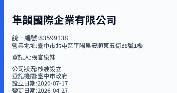 隼韻國際企業有限公司的照片-統編 83599138(臺中市) 公司登記資料與營業項目詳細圖表