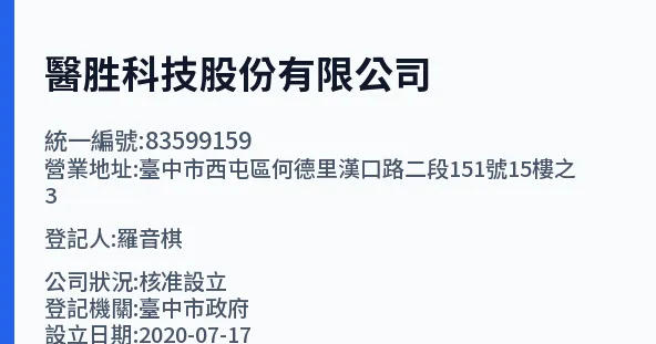 醫胜科技股份有限公司的照片-統編 83599159(臺中市) 公司登記資料與營業項目詳細圖表