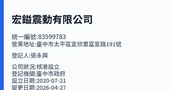 宏鎰震動有限公司的照片-統編 83599783(臺中市) 公司登記資料與營業項目詳細圖表