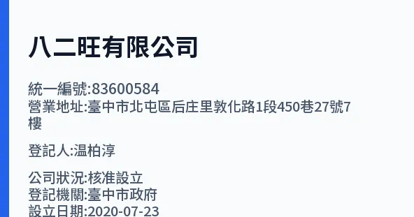 八二旺有限公司的照片-統編 83600584(臺中市) 公司登記資料與營業項目詳細圖表