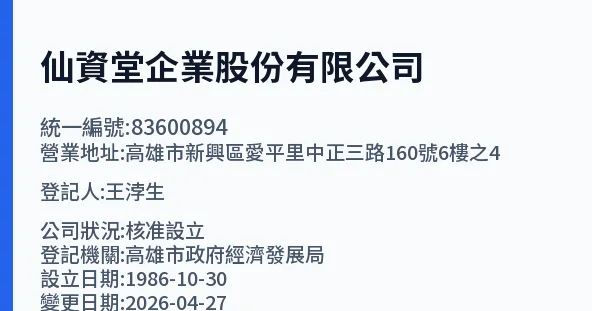 仙資堂企業股份有限公司的照片-統編 83600894(高雄市) 公司登記資料與營業項目詳細圖表
