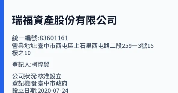 瑞福資產股份有限公司的照片-統編 83601161(臺中市) 公司登記資料與營業項目詳細圖表