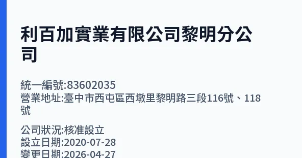 利百加實業有限公司黎明分公司的照片-統編 83602035(臺中市) 公司登記資料與營業項目詳細圖表