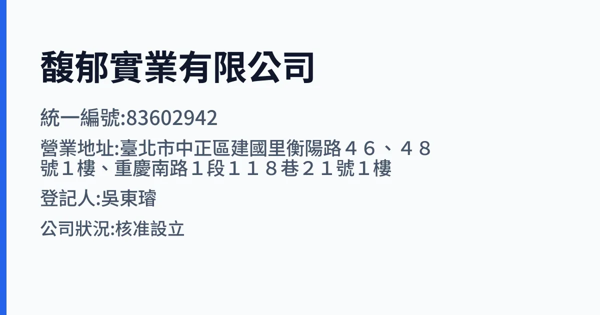 馥郁實業有限公司 - 統編 83602942(臺北市) 公司登記資料與營業項目詳細圖表