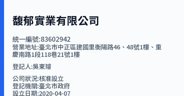 馥郁實業有限公司的照片-統編 83602942(臺北市) 公司登記資料與營業項目詳細圖表