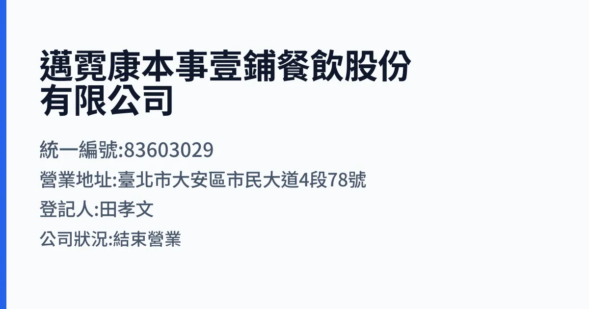 邁霓康本事壹鋪餐飲股份有限公司 - 統編 83603029(臺北市) 公司登記資料與營業項目詳細圖表