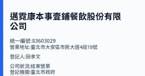 邁霓康本事壹鋪餐飲股份有限公司的照片-統編 83603029(臺北市) 公司登記資料與營業項目詳細圖表