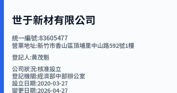 世于新材有限公司的照片-統編 83605477(新竹市) 公司登記資料與營業項目詳細圖表