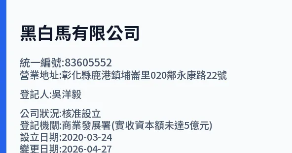 黑白馬有限公司的照片-統編 83605552(彰化縣) 公司登記資料與營業項目詳細圖表