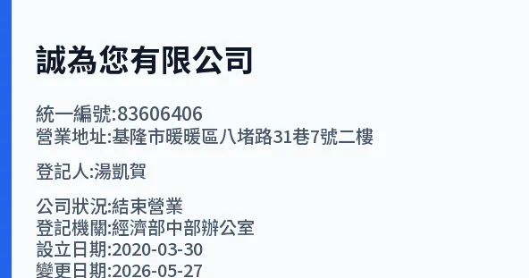 誠為您有限公司的照片-統編 83606406(基隆市) 公司登記資料與營業項目詳細圖表
