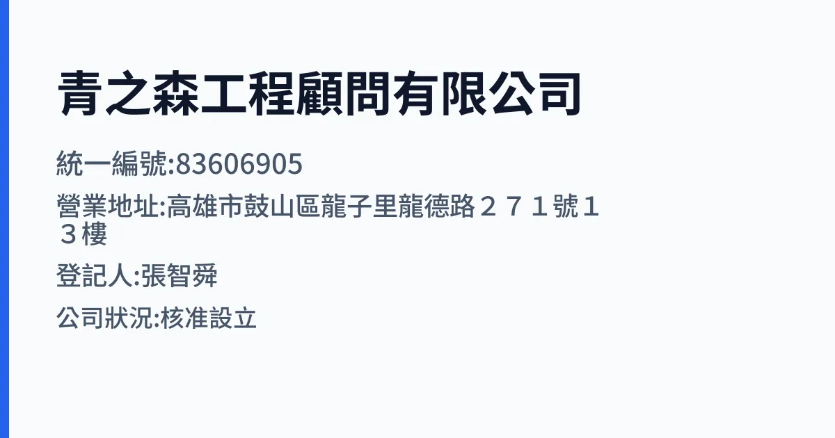 青之森工程顧問有限公司 - 統編 83606905(高雄市) 公司登記資料與營業項目詳細圖表