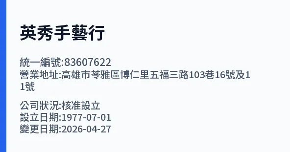 英秀手藝行的照片-統編 83607622(高雄市) 公司登記資料與營業項目詳細圖表