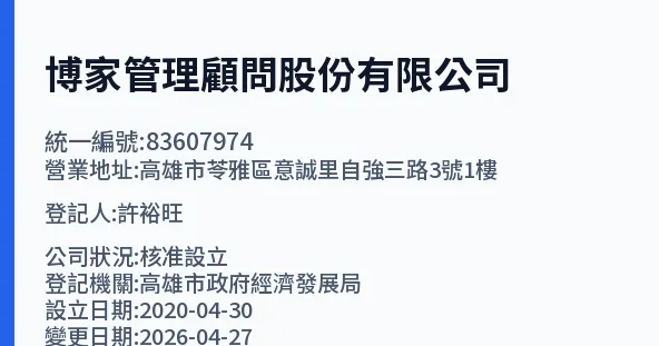 博家管理顧問股份有限公司的照片-統編 83607974(高雄市) 公司登記資料與營業項目詳細圖表