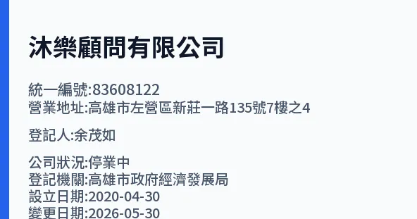 沐樂顧問有限公司的照片-統編 83608122(高雄市) 公司登記資料與營業項目詳細圖表