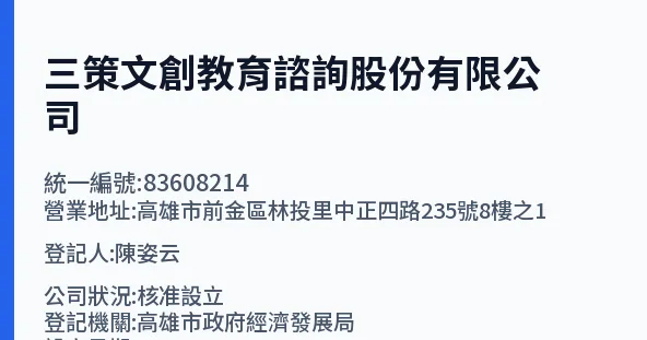 三策文創教育諮詢股份有限公司的照片-統編 83608214(高雄市) 公司登記資料與營業項目詳細圖表