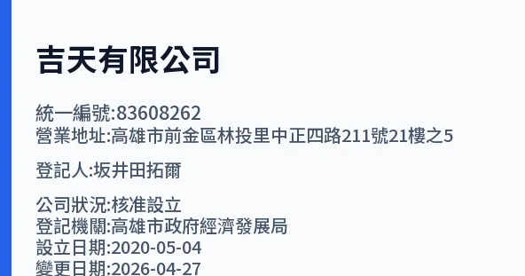 吉天有限公司的照片-統編 83608262(高雄市) 公司登記資料與營業項目詳細圖表