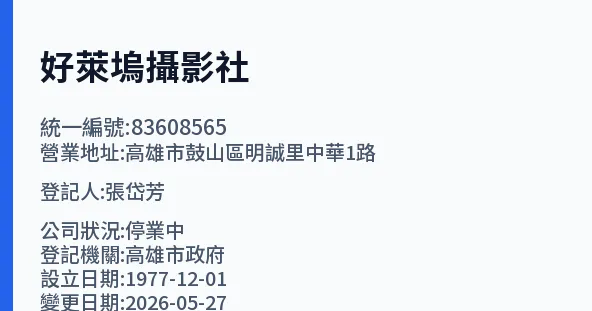 好萊塢攝影社的照片-統編 83608565(高雄市) 公司登記資料與營業項目詳細圖表