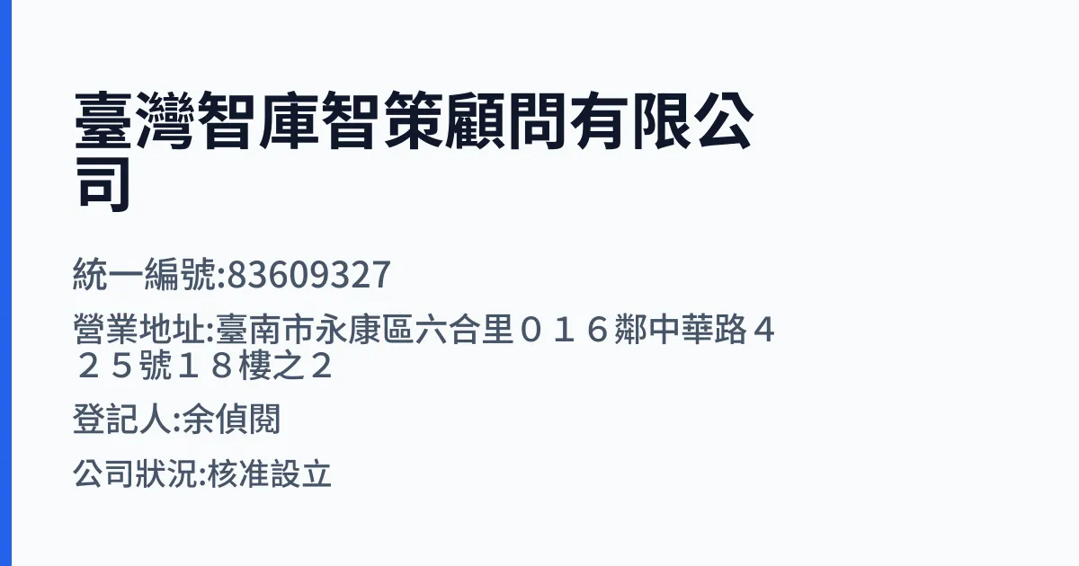 臺灣智庫智策顧問有限公司 - 統編 83609327(臺南市) 公司登記資料與營業項目詳細圖表