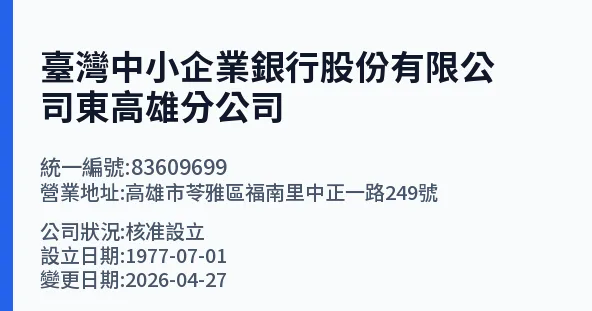 臺灣中小企業銀行股份有限公司東高雄分公司的照片-統編 83609699(高雄市) 公司登記資料與營業項目詳細圖表