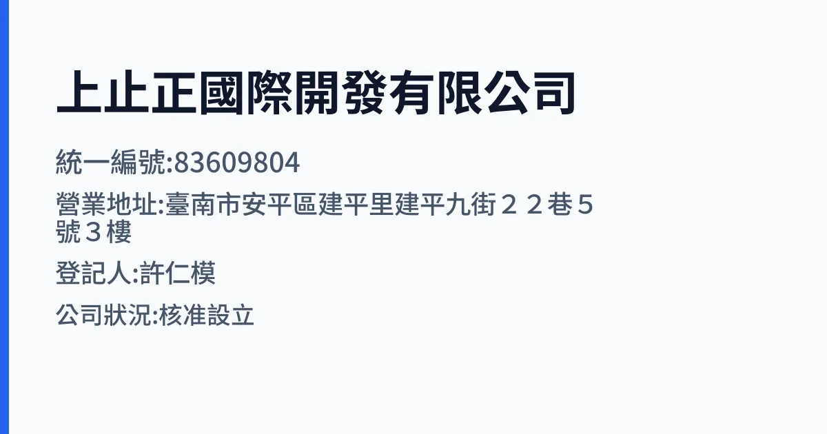 上止正國際開發有限公司 - 統編 83609804(臺南市) 公司登記資料與營業項目詳細圖表