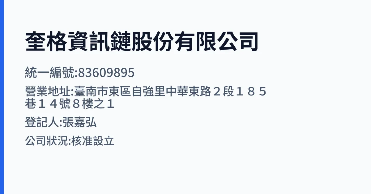 奎格資訊鏈股份有限公司 - 統編 83609895(臺南市) 公司登記資料與營業項目詳細圖表