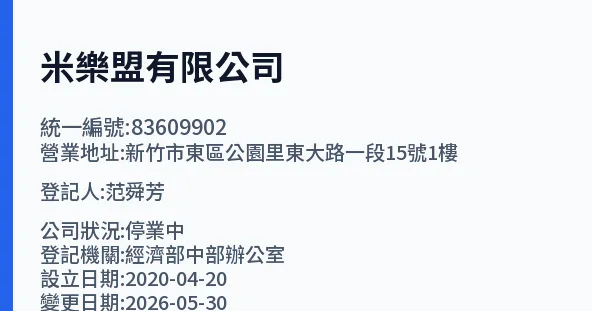米樂盟有限公司的照片-統編 83609902(新竹市) 公司登記資料與營業項目詳細圖表