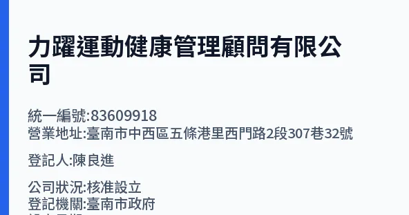 力躍運動健康管理顧問有限公司的照片-統編 83609918(臺南市) 公司登記資料與營業項目詳細圖表