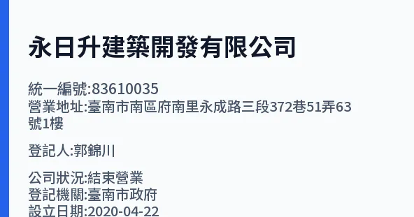 永日升建築開發有限公司的照片-統編 83610035(臺南市) 公司登記資料與營業項目詳細圖表