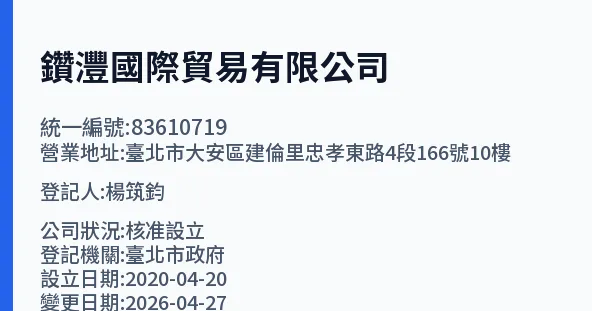 鑽灃國際貿易有限公司的照片-統編 83610719(臺北市) 公司登記資料與營業項目詳細圖表