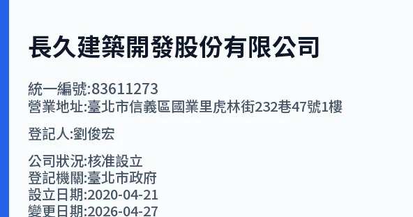 長久建築開發股份有限公司的照片-統編 83611273(臺北市) 公司登記資料與營業項目詳細圖表