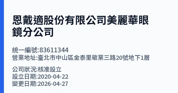 恩戴適股份有限公司美麗華眼鏡分公司的照片-統編 83611344(臺北市) 公司登記資料與營業項目詳細圖表
