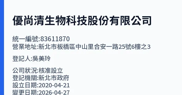 優尚清生物科技股份有限公司的照片-統編 83611870(新北市) 公司登記資料與營業項目詳細圖表