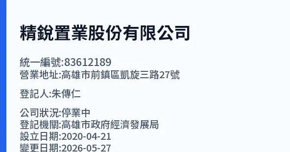精銳置業股份有限公司的照片-統編 83612189(高雄市) 公司登記資料與營業項目詳細圖表