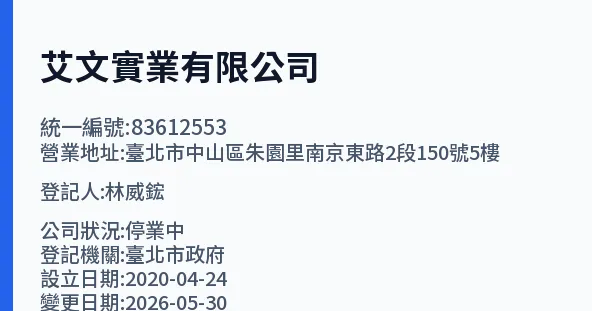 艾文實業有限公司的照片-統編 83612553(臺北市) 公司登記資料與營業項目詳細圖表