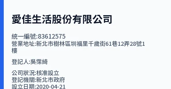 愛佳生活股份有限公司的照片-統編 83612575(新北市) 公司登記資料與營業項目詳細圖表