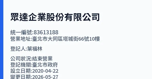 眾達企業股份有限公司的照片-統編 83613188(臺北市) 公司登記資料與營業項目詳細圖表