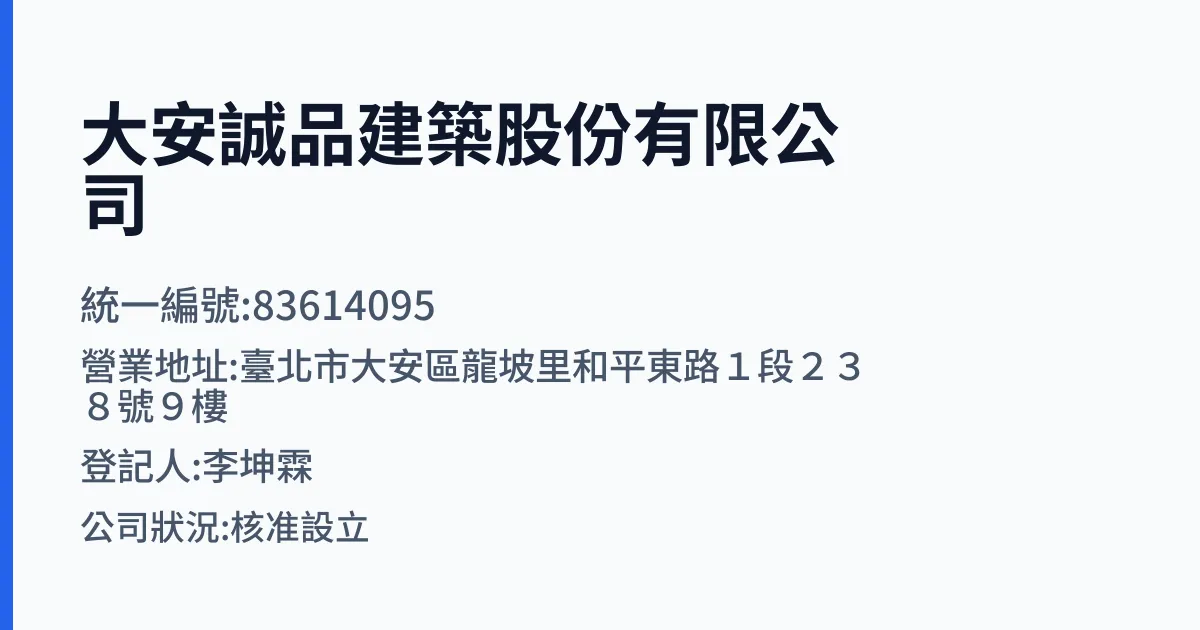 大安誠品建築股份有限公司 - 統編 83614095(臺北市) 公司登記資料與營業項目詳細圖表