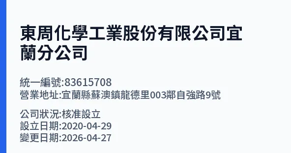 東周化學工業股份有限公司宜蘭分公司的照片-統編 83615708(宜蘭縣) 公司登記資料與營業項目詳細圖表