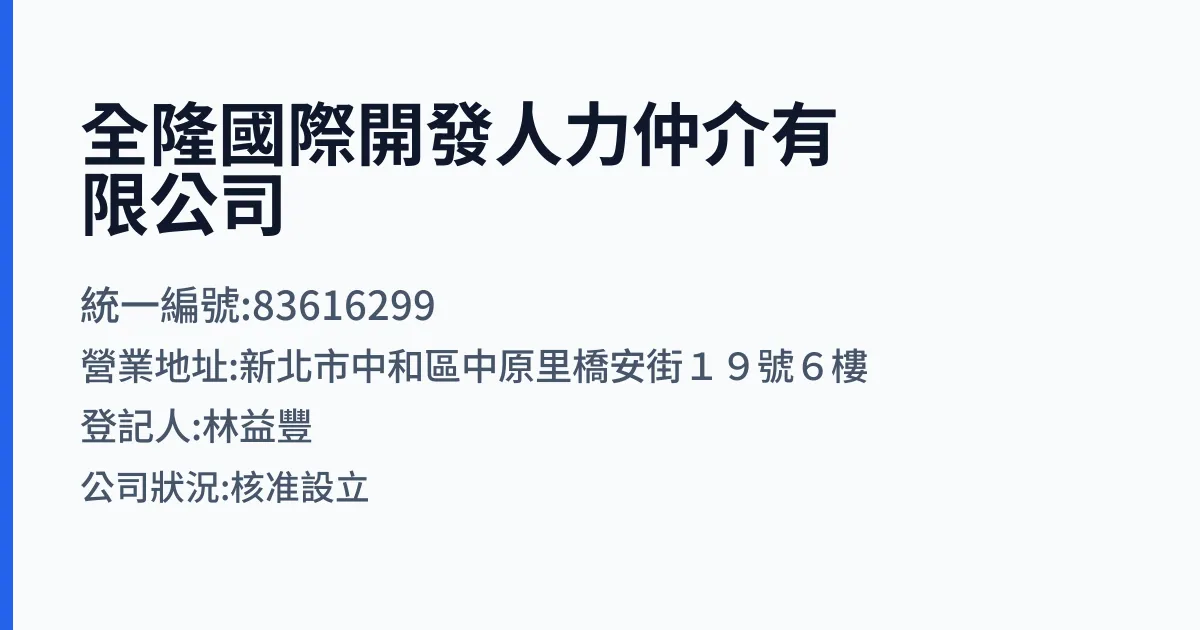 全隆國際開發人力仲介有限公司 - 統編 83616299(新北市) 公司登記資料與營業項目詳細圖表