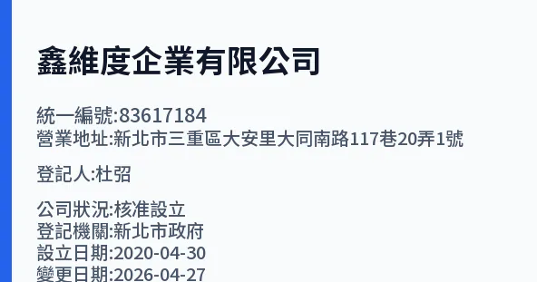 鑫維度企業有限公司的照片-統編 83617184(新北市) 公司登記資料與營業項目詳細圖表