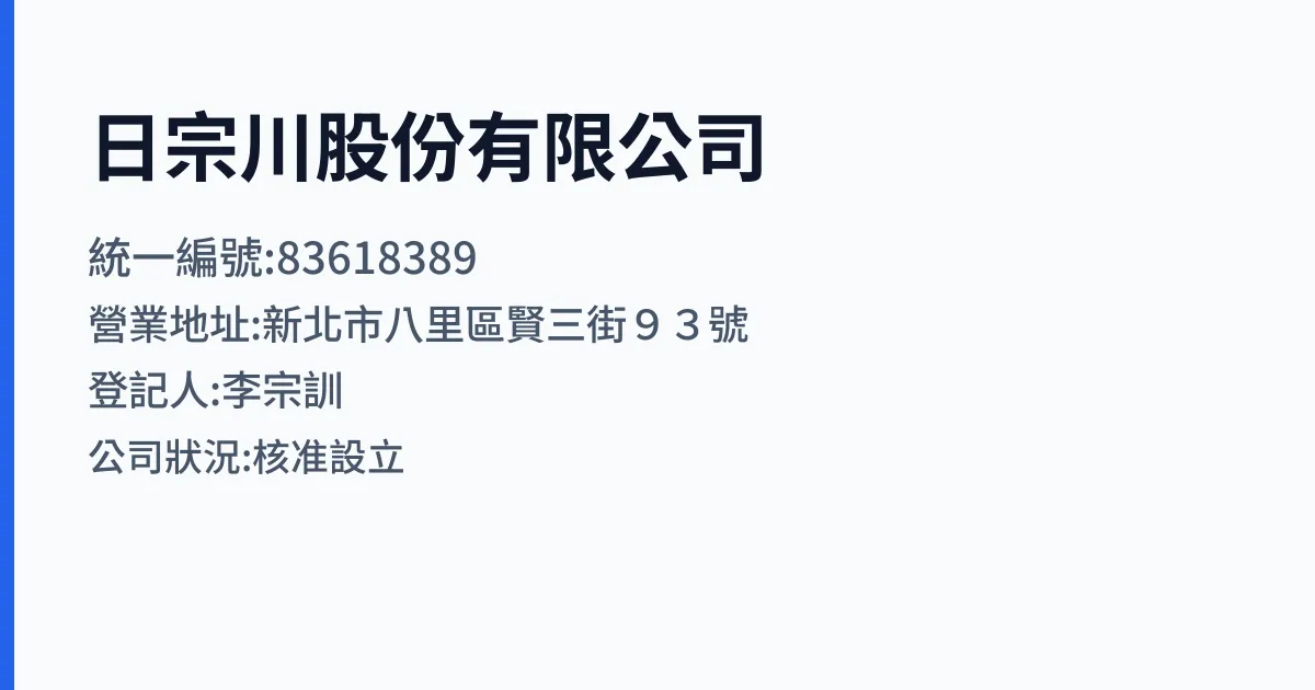 日宗川股份有限公司 - 統編 83618389(新北市) 公司登記資料與營業項目詳細圖表