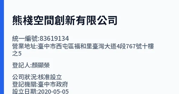 熊棧空間創新有限公司的照片-統編 83619134(臺中市) 公司登記資料與營業項目詳細圖表