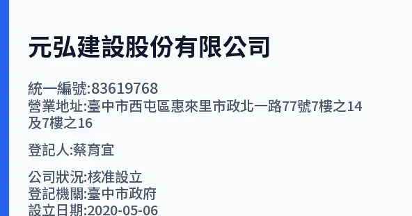 元弘建設股份有限公司的照片-統編 83619768(臺中市) 公司登記資料與營業項目詳細圖表