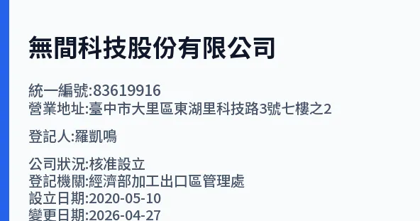 無間科技股份有限公司的照片-統編 83619916(臺中市) 公司登記資料與營業項目詳細圖表