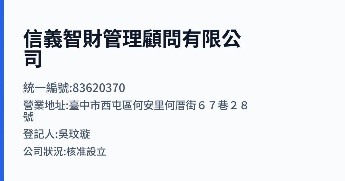 信義智財管理顧問有限公司 - 統編 83620370（臺中市） 公司登記資料與營業項目詳細圖表