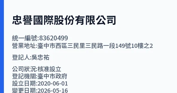 忠譽國際股份有限公司的照片-統編 83620499(臺中市) 公司登記資料與營業項目詳細圖表