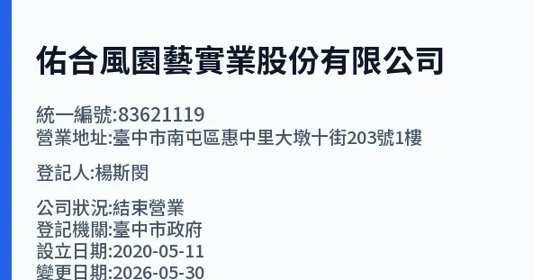 佑合風園藝實業股份有限公司的照片-統編 83621119(臺中市) 公司登記資料與營業項目詳細圖表