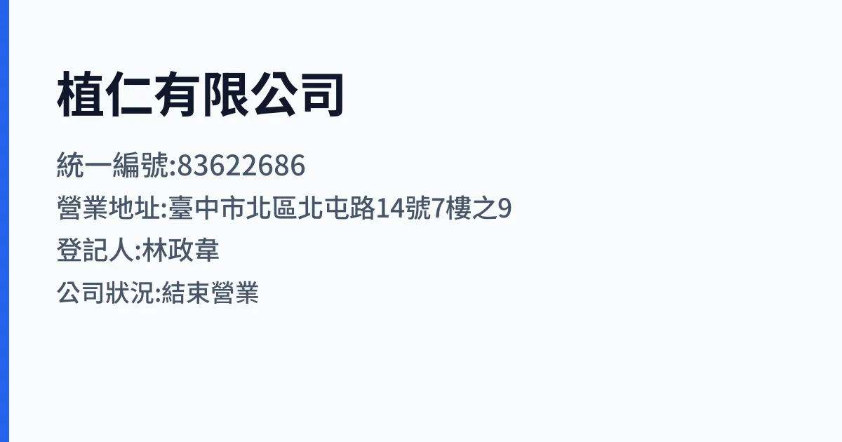 植仁有限公司 - 統編 83622686(臺中市) 公司登記資料與營業項目詳細圖表