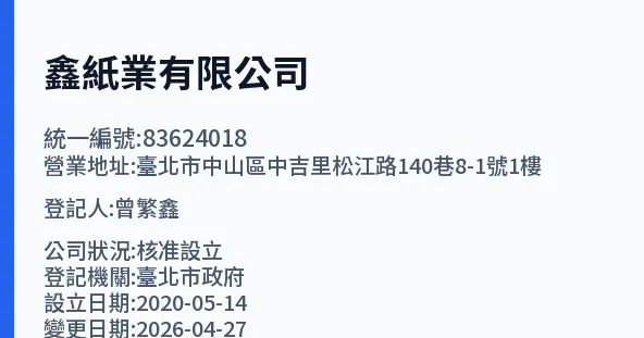 鑫紙業有限公司的照片-統編 83624018(臺北市) 公司登記資料與營業項目詳細圖表