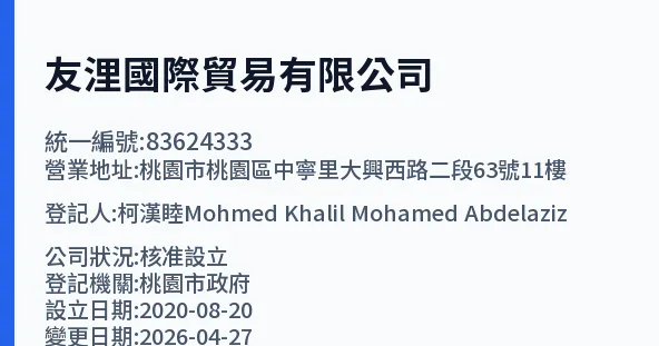 友浬國際貿易有限公司的照片-統編 83624333(桃園市) 公司登記資料與營業項目詳細圖表